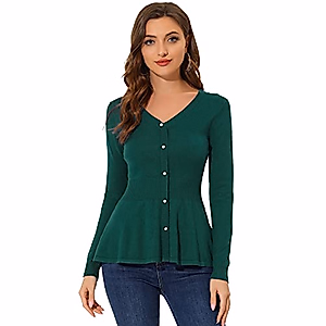 Allegra K Knit Peplum Tops for Women's Ribbed V Neck Long Sleeve Peplum Sweaters Small Dark Green