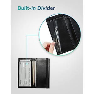 Yarnic Checkbook Cover for Personal Checkbook, Checkbook Holder with Pen Holder & Built-in Clear Plastic Divider for Duplicate Checks (Black & Rose Gold)