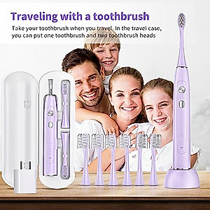 SARMOCARE Sonic Electric Toothbrush, Travel Rechargeable Toothbrushes for Adults Kids with 5 Modes and 6 Brush Heads, Waterproof,Smart Timer & Travel Case Included-Purple