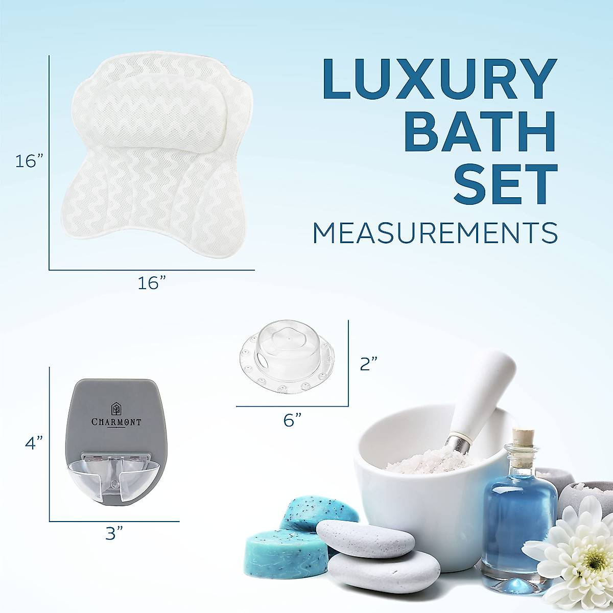 Charmont Luxury Bath Pillow Set, Relaxing Spa Bathtub Headrest for Head and Neck Support, Slip Resistant Waterproof Bathtub Cushion Strong Suction for Soaking Tub 3D Air Mesh with Accessories
