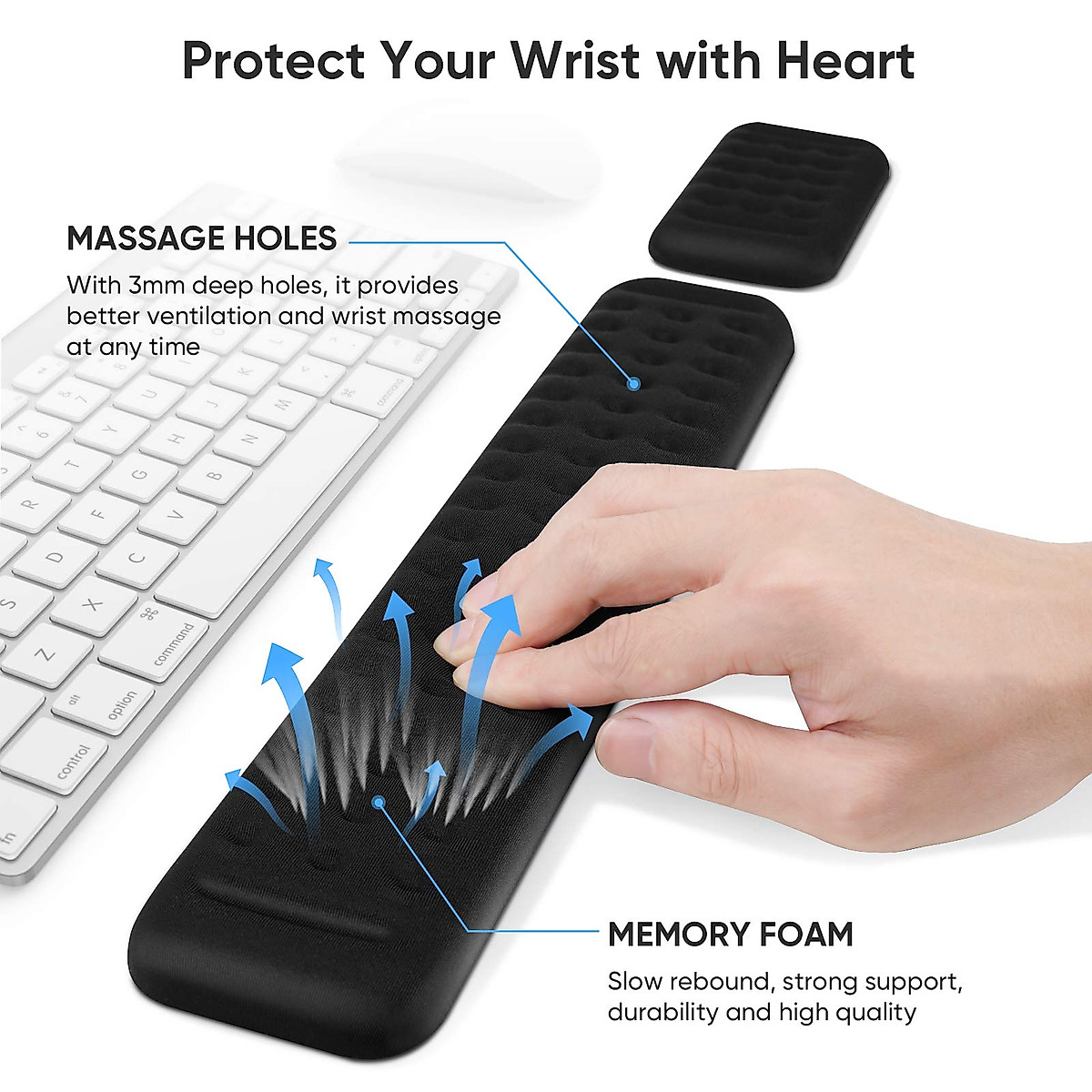 JEDIA Keyboard Wrist Rest, Memory Foam Mouse Pad Wrist Support, Ergonomic Keyboard Wrist Pad Easy Typing and Pain Relief for Computer Keyboard, Office, Desktop Computer, 2 Packs Large + Small
