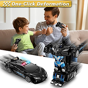LNNKINE Remote Control Car, Transform Robot RC Cars, 2.4Ghz Transforming Police Car Toy with LED Light, One-Button Deformation and 360° Rotating Drifting, Toys for Boys Age 4-7 8-12