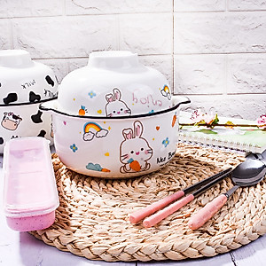 BOSILI Ceramic Ramen Bowl with Lid Cut Instant Noodle Bowl Porcelain Soup Bowl with Spoon and Chopsticks Microwave Ramen Pot Bowl Salad bowl Snack Bowl with Handle (Bunny)