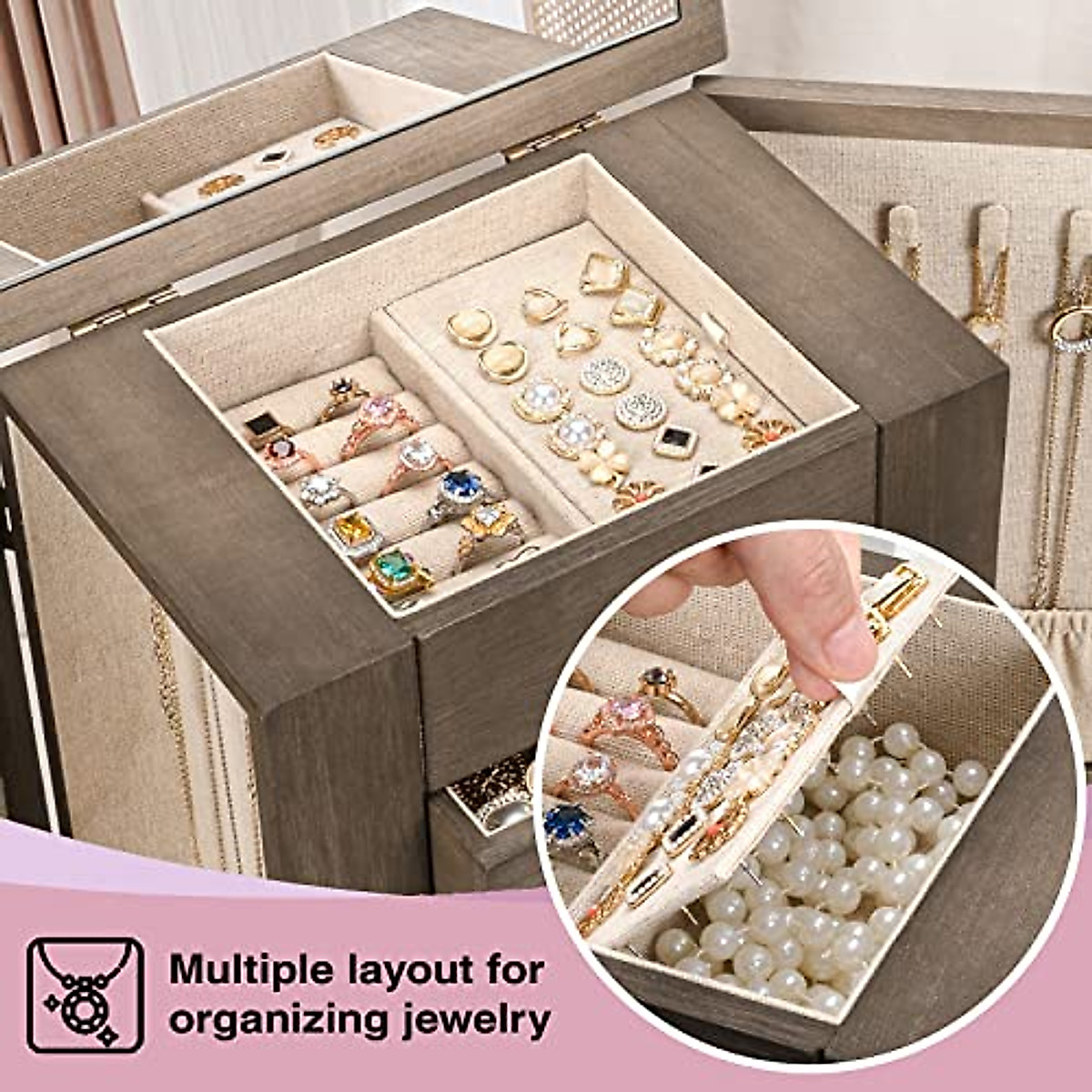 Emfogo Jewelry Box for Women, 5 Layer Large Wood Jewelry Boxes & Organizers for Necklaces Earrings Rings Bracelets, Rustic Jewelry Organizer Box with Drawers and Mirror(Weathered Gray)