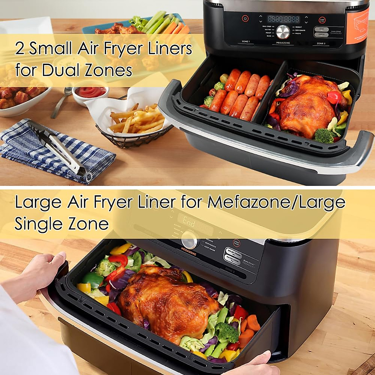 BYKITCHEN Air Fryer Silicone Liners for Ninja Foodi 11 Quart/Topzee 11-QT Large XL MegaZone FlexBasket Air Fryer, 2pcs Air Fryer Dual Liners & 1pcs Large Airfryer Liners for 11-qt Megazone