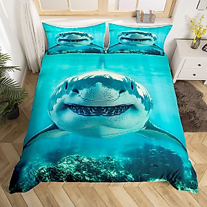 Shark Pattern Bedding Set Twin Size for Kids Boys Bedroom,Sea Animals Bed Duvet Cover Set,Shark Fish Print Comforter Cover Hawaiian Beach Decor 2 Pieces 1 Duvet Cover with 1 Pillowcase（No Comforter）