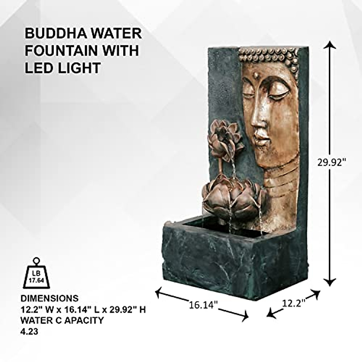XBrand 30" H Bronze and Natural Grey Polyresin Indoor Outdoor Cascading Lotus Buddha Face Water Fountain w/LED Light, Freestanding, Relaxing Zen Décor for Home Patio Garden Backyard