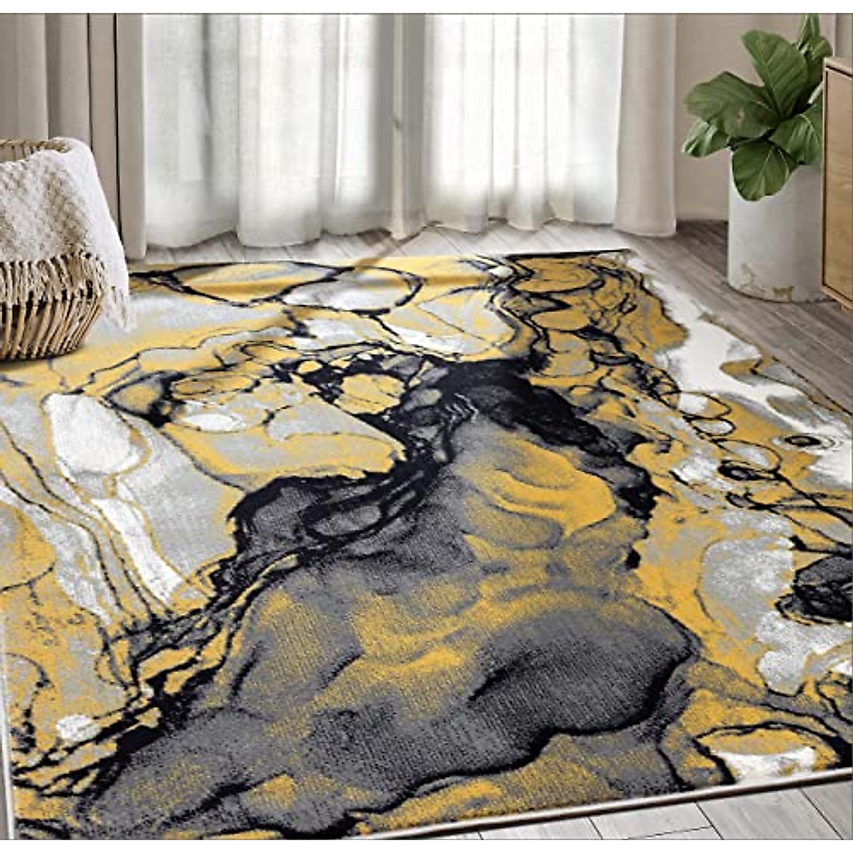 Abani Modern Grey & Yellow Marble 4' x 6' Area Rug, Rugs Arto Collection - Contemporary Colorful Abstract Liquid Style