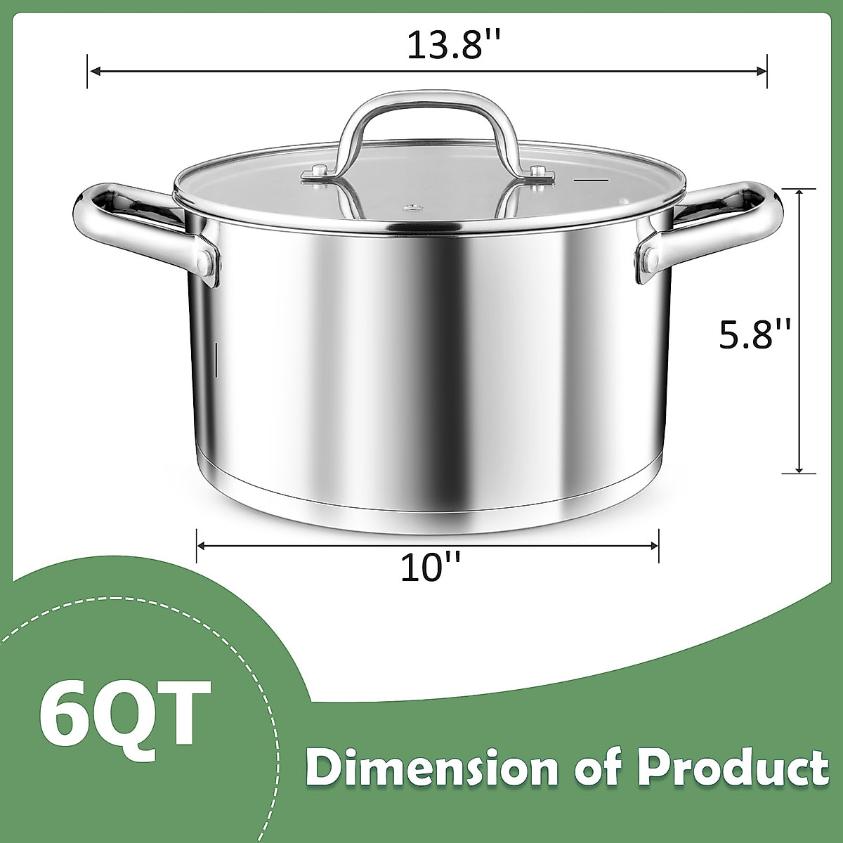 TeamFar 6QT Stainless Steel Stock Pot, Tri-ply Base Cooking Pasta Sauce Soup Pot with Glass Lid for Induction/Gas/Ceramic Stoves, Transparent Cover & Double Handles, Heavy Duty & Dishwasher Safe