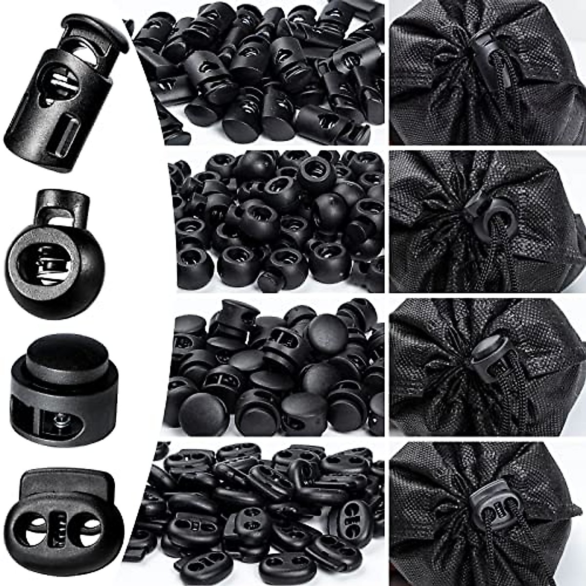 CLESDF 160 Pcs Plastic Cord Locks, Single Double Hole Spring Stop Toggle Stoppers for Drawstrings, Shoelaces, Bags, More, 4 Styles