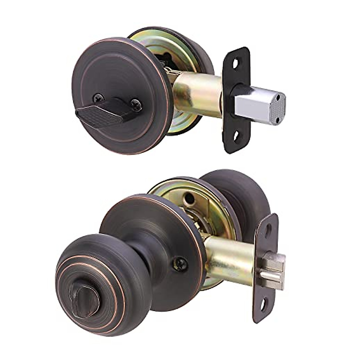 Amazon Basics Exterior Knob With Lock and Deadbolt, Classic, Oil Rubbed Bronze, Set of 2