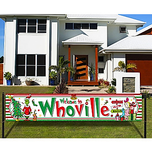 Vohado Welcome to Whoville Fence Banner Christmas Winter Holiday Party Decoration Xmas Decor Yard Outdoor Hanging Banner