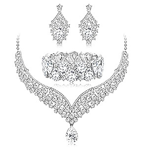IRONBOX Crystal Wedding Bridal Jewelry Set for Women Prom Sliver Rhinestone Teardrop Necklace Earrings Bracelet Wedding Bridesmaid Gifts Fit with Wedding Dress