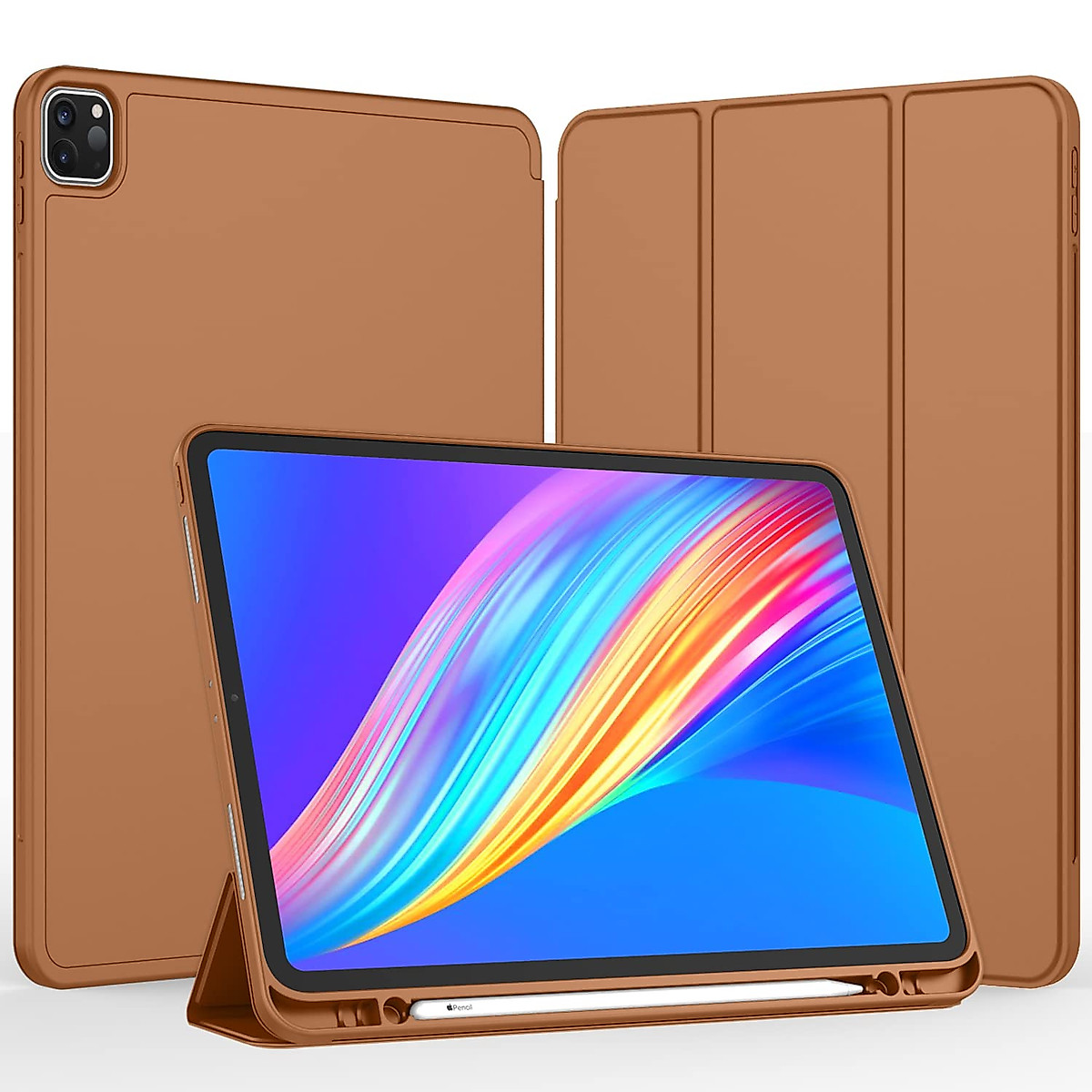 iMieet New iPad Pro 12.9 Case 2022(6th Gen)/2021(5th Gen) with Pencil Holder [Support iPad 2nd Pencil Charging/Pair],Trifold Stand Smart Case with Soft TPU Back,Auto Wake/Sleep(Brown)