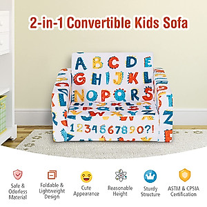 Costzon Kids Couch, 2 in 1 Flip Open Children's Sofa w/Velvet Fabric, Storage Pockets, Toddler Armrest Chair Bed for Nap Play Sleep, Ideal Gift for 0-4 Years Old Baby Boys Girls, Alphabet