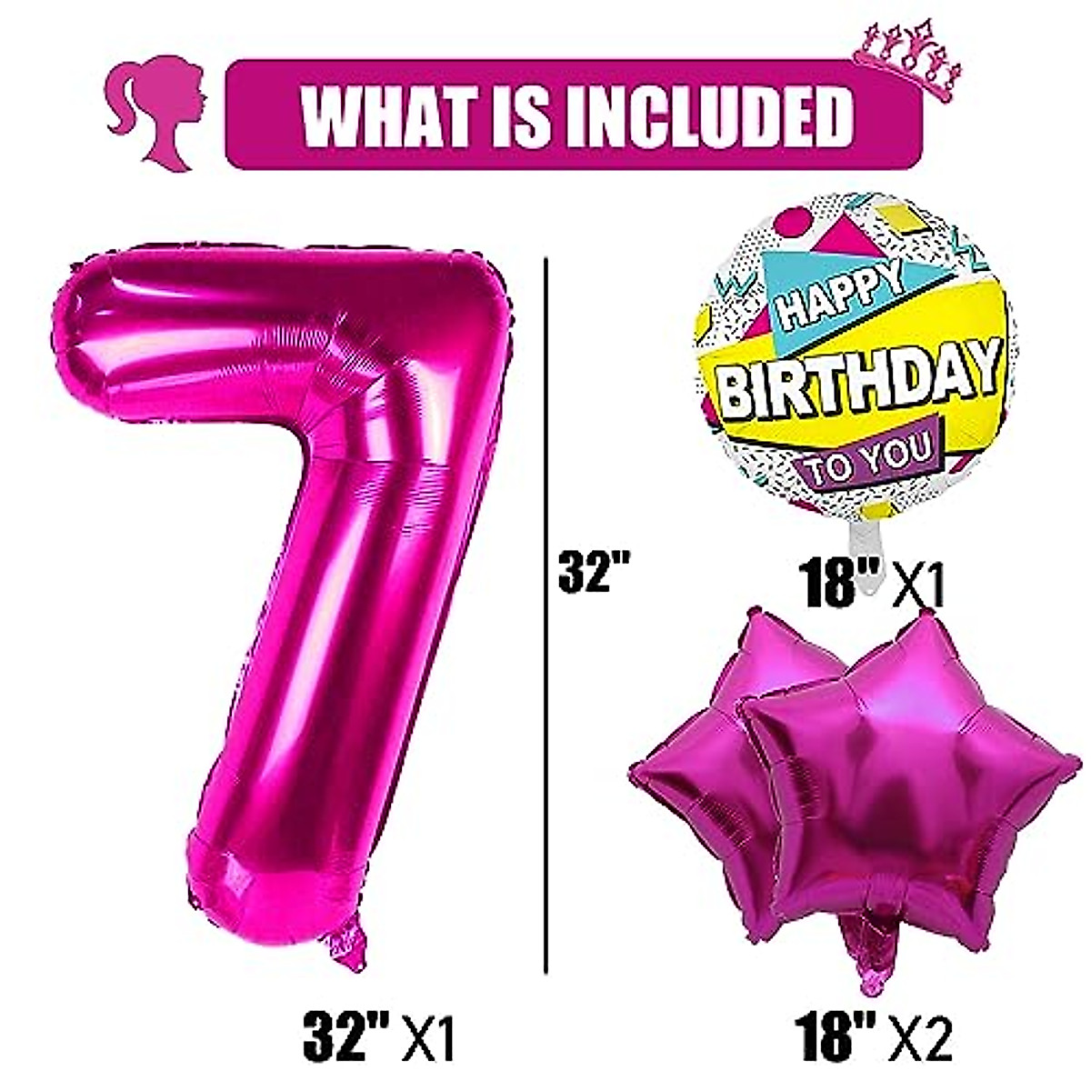 8Pcs Hot Pink Princess Foil Number Balloon Silver Balloons Girl Head Balloons Photo Prop For Barbie Theme Party Decorations Box Photo Booth Backdrop Pink Little Girl Makeup Birthday Supply (Number 7)