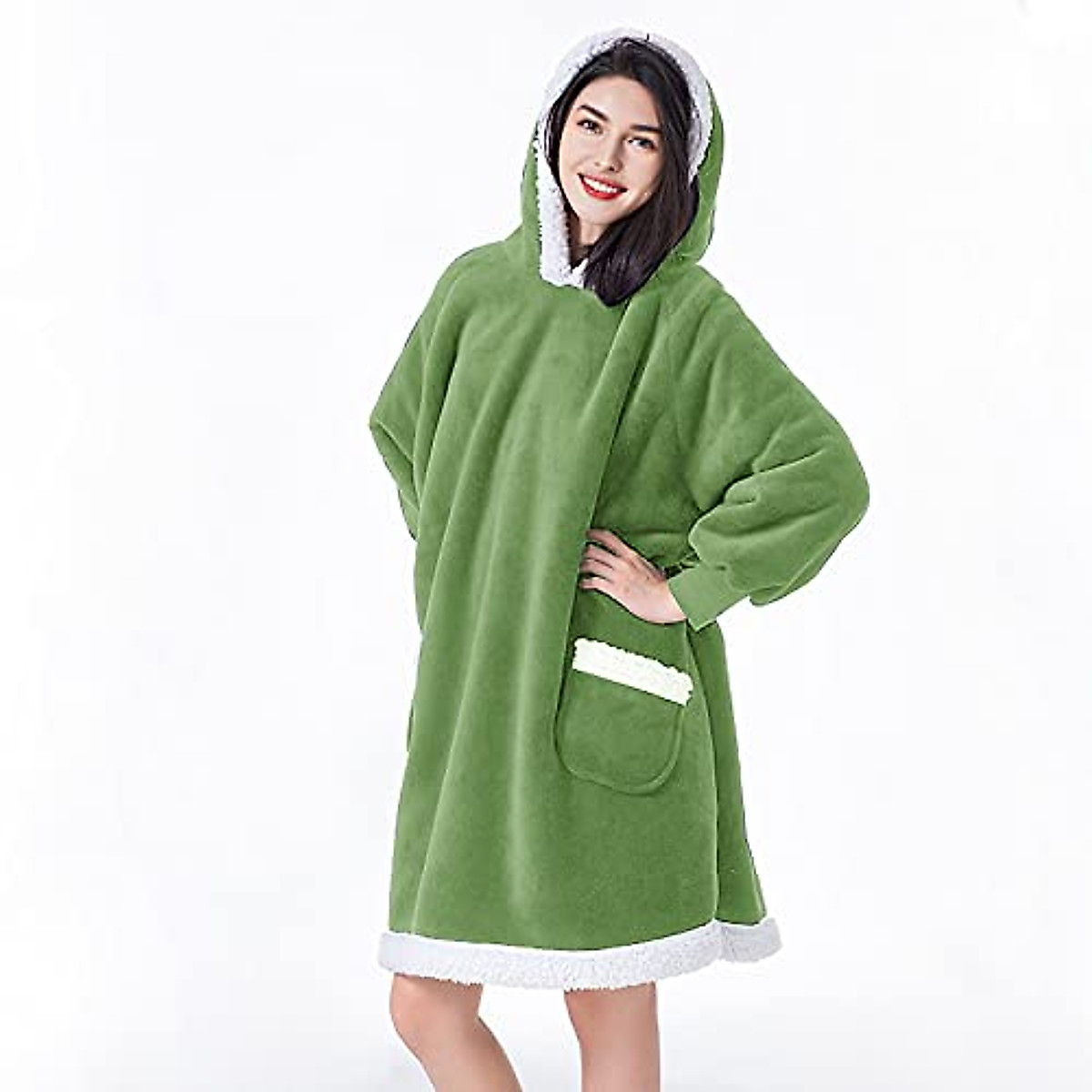 SONORO KATE Wearable Blanket Hoodie Gifts for Women Men Kids - Super Warm Fleece Sherpa Blanket Jacket with Elastic Sleeve,Big Pocket and Giant Hood (Green, Adult)