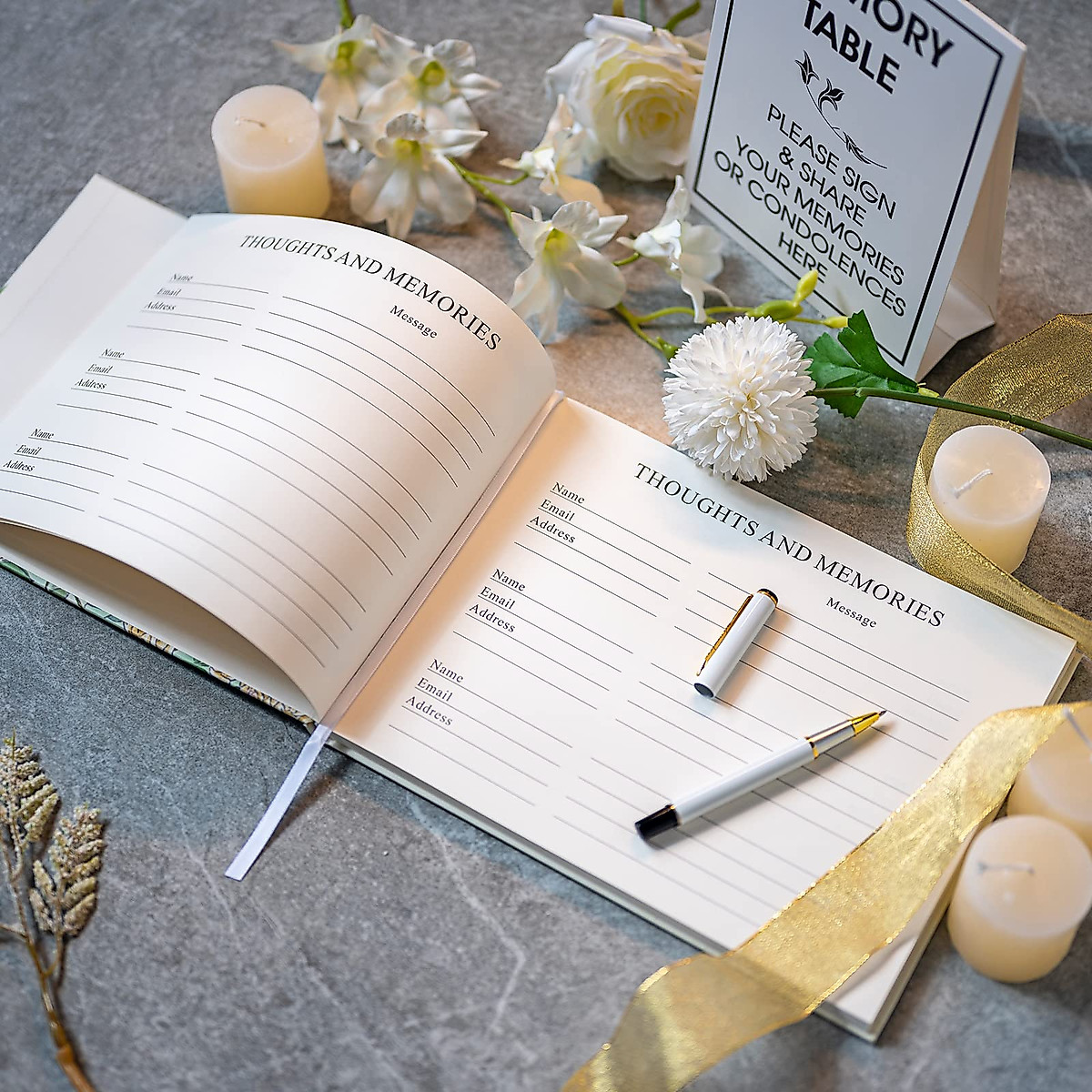 OEICYUA Funeral Guest Book - Hardcover in Loving Memory Guest Sign in Book - Elegant White Flower Decoration - with Share a Memory Table Stand - 200 Guests Entries with Name & Address.