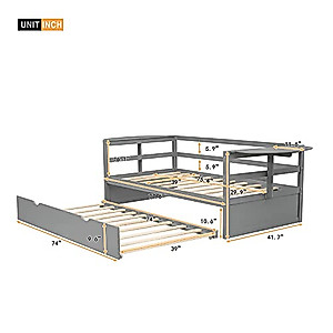 SOFTSEA Twin Daybed with Foldable Shelves, Wood Day Bed Frame with Trundle (Gray)