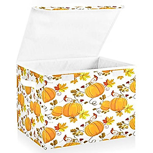 Storage Bins with Lids Foldable Storage Baskets Storage Cubes Collapsible Closet Organizer Containers with Cover Pumpkins and Yellow Maple Leaves for Home Office Organizer Closet, Shelves, Toy, Nurser