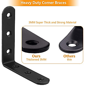 16 PCS L Shelf Brackets 4Inch, Cast Iron 4x4 Inch Heavy Duty L Shape Corner Brace, Black Floating Shelves Bracket for Hanging DIY Shelving or Bookshelf, 3mm Thick Angle Joint Bracket Fastener