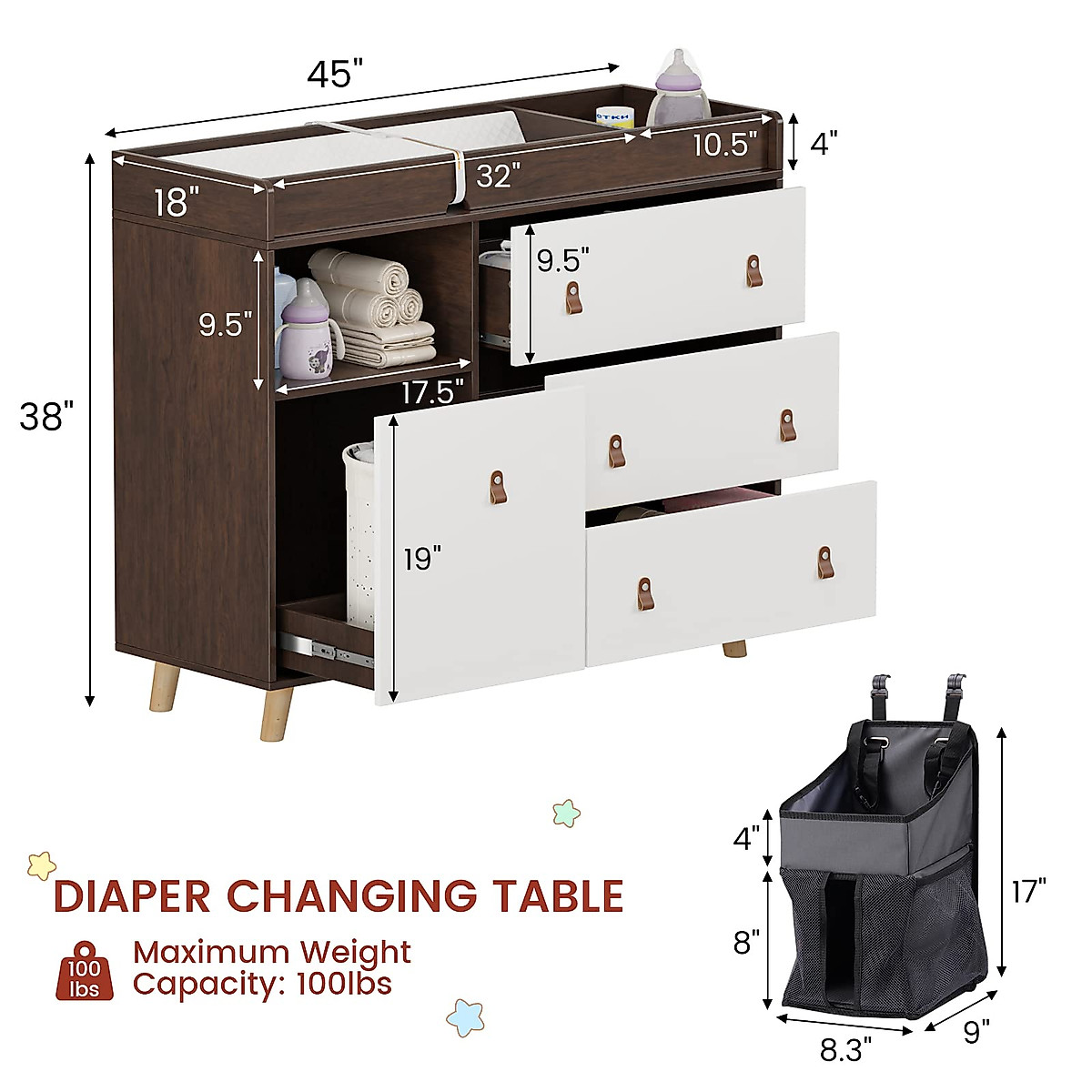 Timechee Baby Changing Table Dresser, Modern Nursery Changing Dresser Chest with 3 Drawers & 1 Shelf, Diaper Changing Pad, Storage Changing Dresser (Brown)