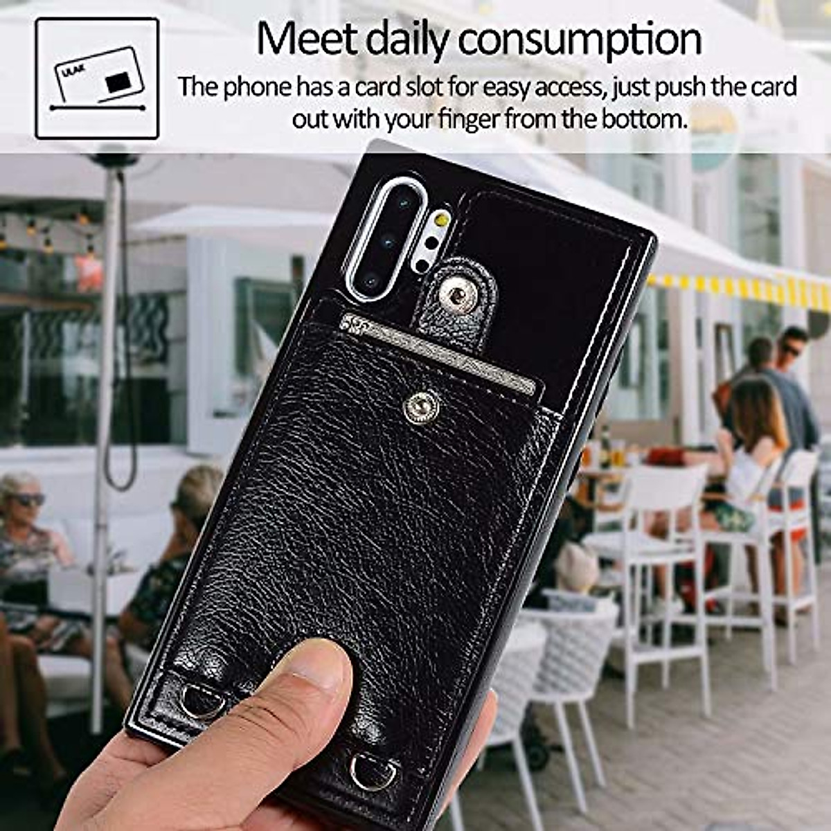 Jaorty PU Leather Wallet Case for Samsung Galaxy Note 10+ Plus/Pro/5G Necklace Lanyard Case Cover with Card Holder Adjustable Detachable Anti-Lost Neck Strap Case for Galaxy Note 10+/Pro/5G,6.8",Black