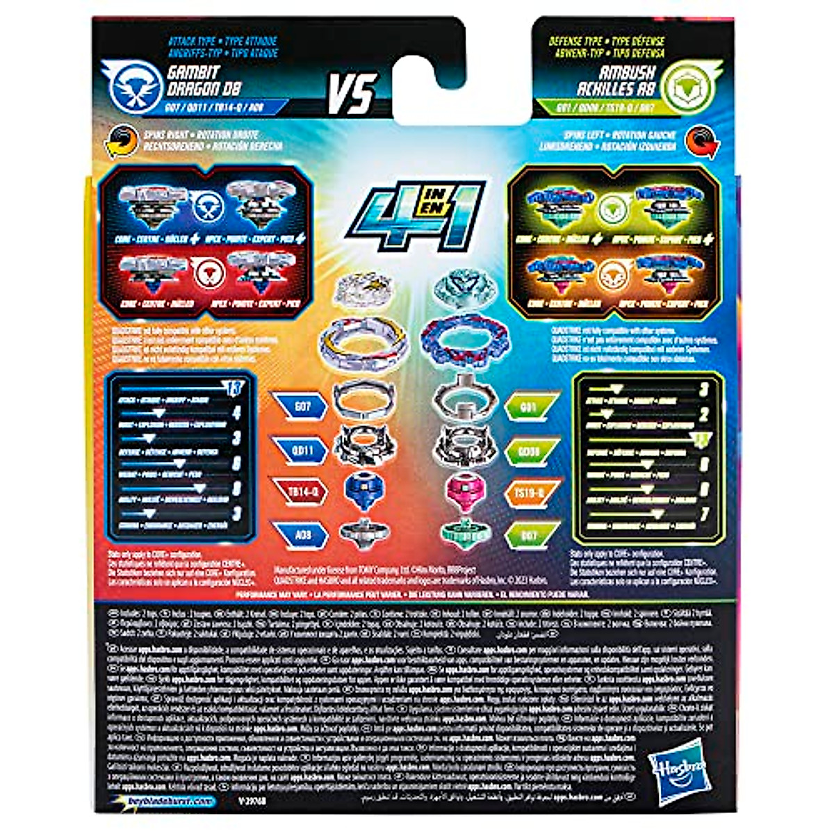 BEYBLADE Burst QuadStrike Gambit Dragon D8 and Ambush Achilles A8 Spinning Top Dual Pack, 2 Battling Game Top Toy for Kids Ages 8 and Up