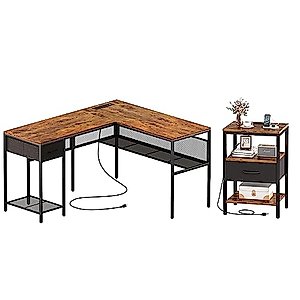 Huuger L Shaped Desk Computer Desk with LED Lights & Power Outlets and SUPERJARE Nightstand with Charging Station