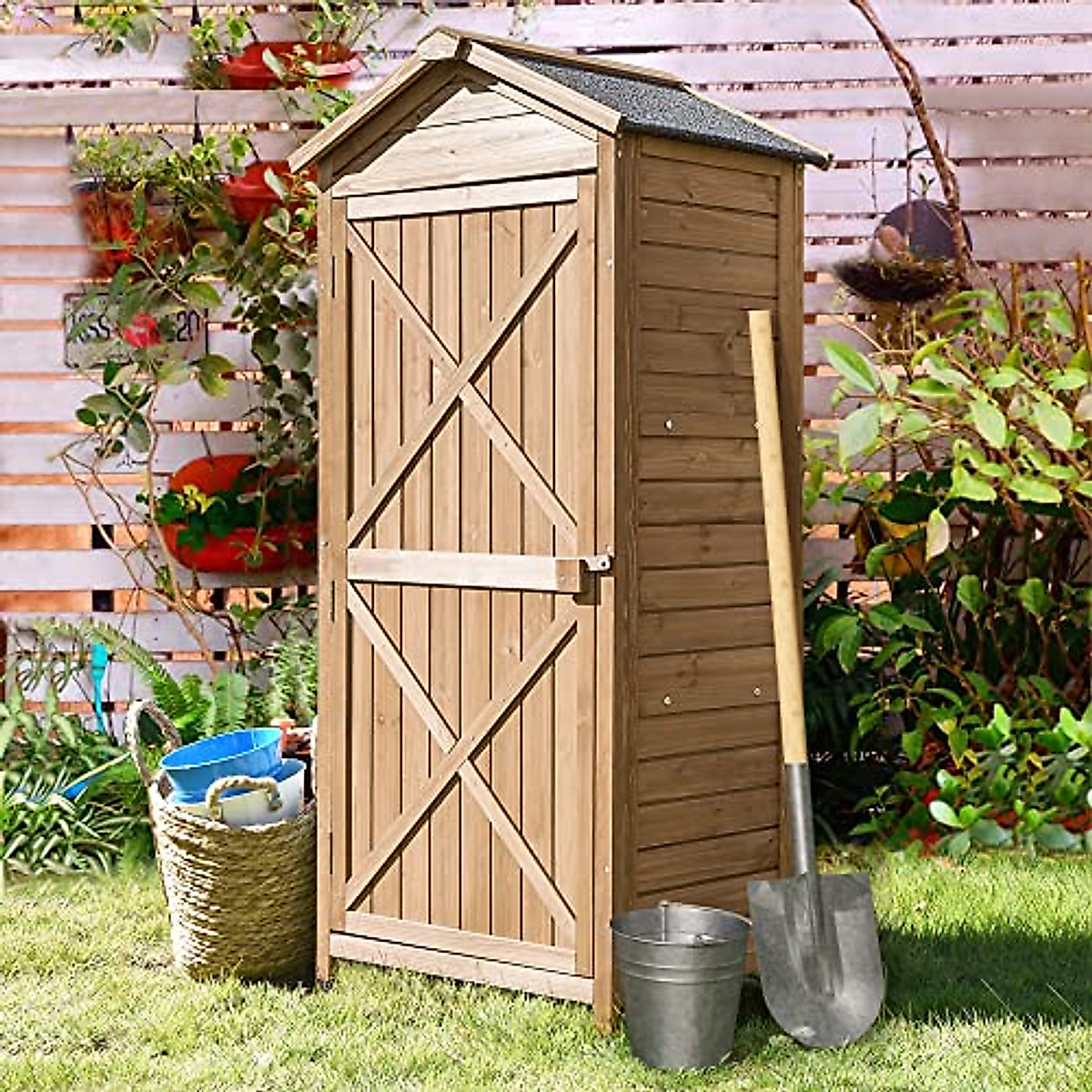 Outdoor Storage Shed,5.1Ft x 2.1Ft Wood Storage Sheds Tool Sheds,Outside Vertical Shed for Patio Garden,Yard,Backyard,Natural