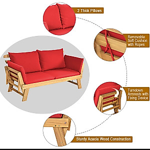 Tangkula Acacia Wood Patio Convertible Couch Sofa Bed with Adjustable Armrest, Outdoor Daybed with Cushion & Pillow, Folding Chaise Lounge Bench Ideal for Porch Courtyard Poolside (Red)