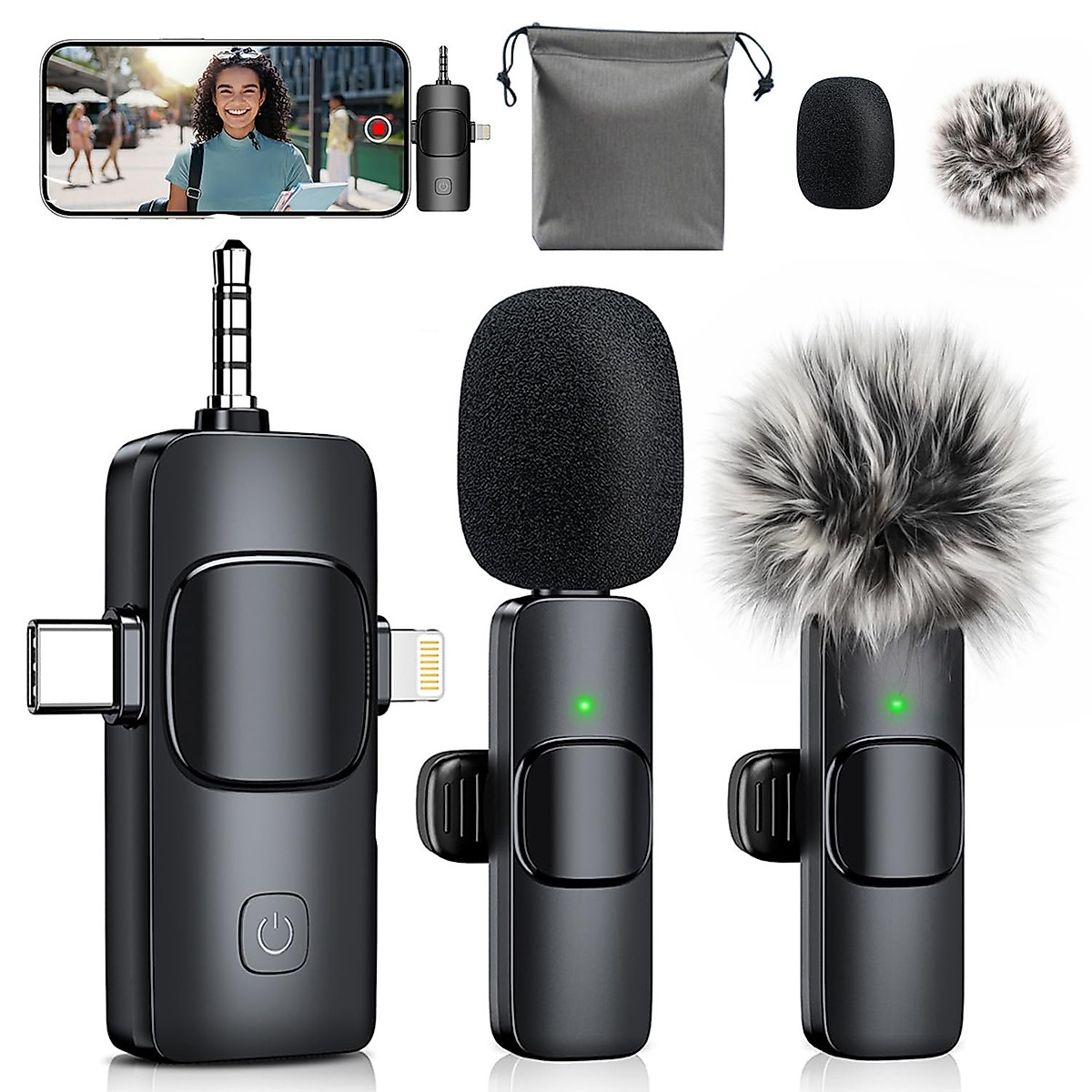 MENERESAS 3-in-1 Mini Microphone for iPhone: Wireless Lavalier Microphones for iOS/Android Devices/Camera - Noise Reduction Lapel Mic - Clip on Mic for Video Recording Vlog/YouTube/Interview