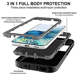 HONG-AMY for Samsung Galaxy S20 Case (NOT FIT Galaxy S20 FE/Plus/Ultra), with Self Healing Flexible TPU Screen Protector [2 Pack], 3 in 1 Heavy Duty Case for Samsung S20 5G (Black/Grey)