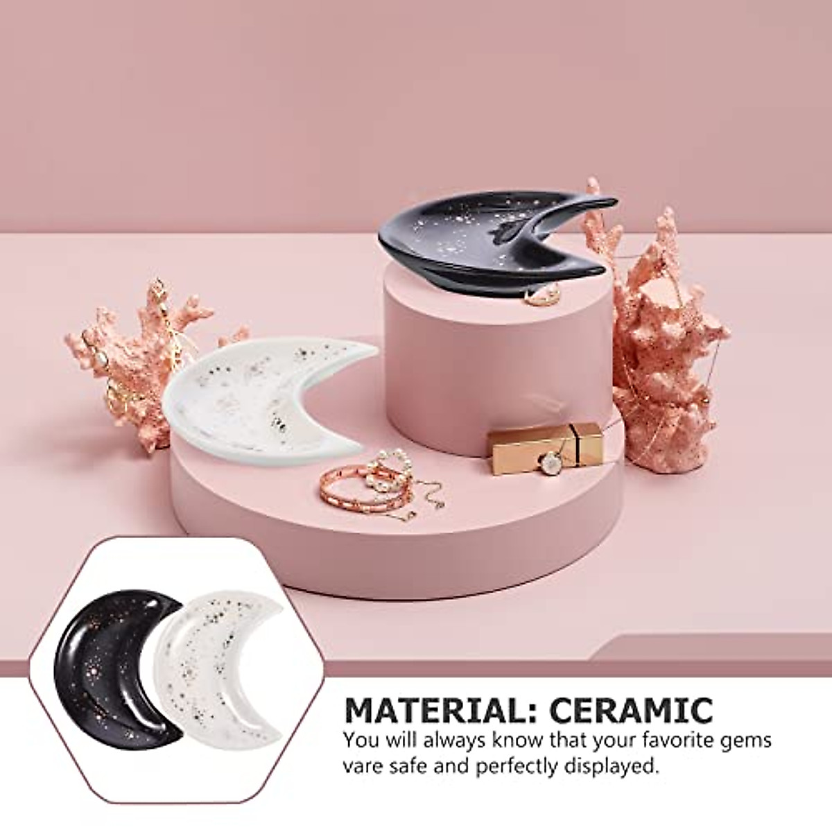 VOSAREA 2Pcs Moon Tray Crystal Holder Ceramic Jewelry Tray Tea Serving Tray Dishes Dessert Fruit Snack Plate Jewelry Organizer for Home Kitchen Hotel Guest Room