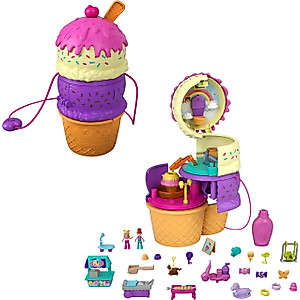 Polly Pocket Dolls and Accessories, Ice Cream Cone-Shaped Playground with 3 Floors and 2 Micro Dolls, Spin ‘n Surprise Compact​​