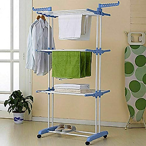 Gdrasuya10 66" Blue Folding Dryer Hanger with Casters, 3-Layer Portable Stand Towel Rack Clothes Drying Rack for Outdoor or Indoor (Blue)