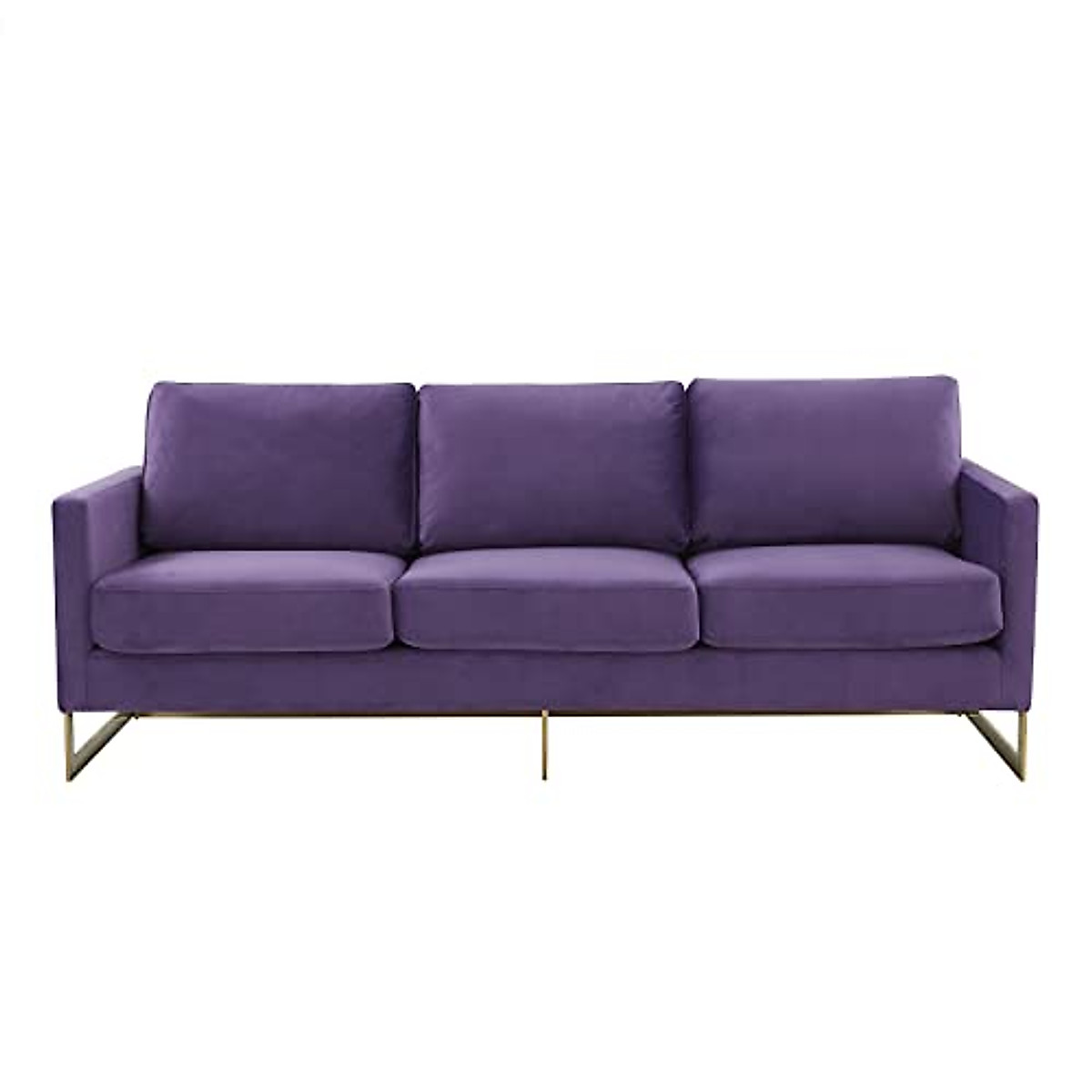 LeisureMod Lincoln Modern Mid-Century Upholstered Velvet 83" Sofa with Gold Frame, Purple
