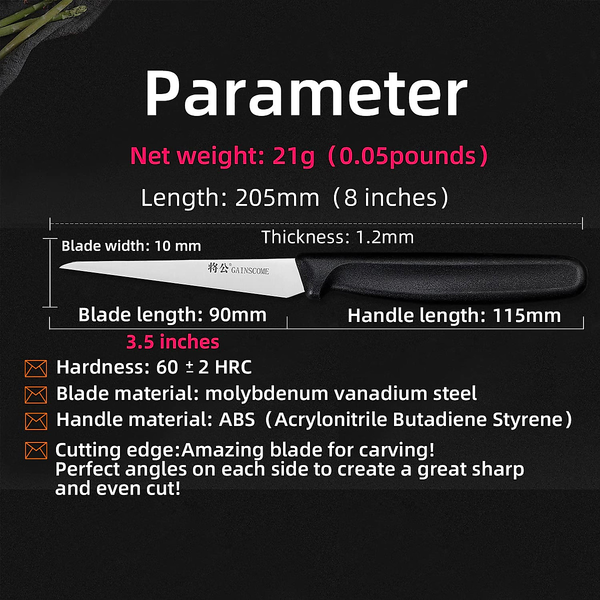 GAINSCOME Fruit Carving Knife Main Knife Super Sharp Stainless Steel Chef Food Carving Tools ABS Material Non-slip Enlarged Handle Mirror Light Process Processing Knife Surface Fruit Paring Knives