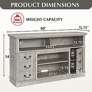 LETESA Traditional Classic Media TV Stand for TV up to 65”, Retro Wooden TV Console with Open and Closed Storage Cabinets for Bedroom, Living Room, Corridor (Light Gray)