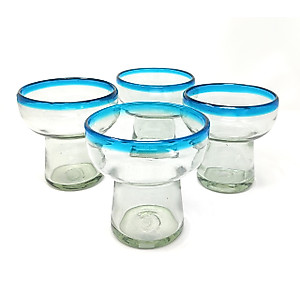 Dos Sueños Mexican Hand Blown Glass – Set of 4 Hand Blown Stemless Aqua Rim Margarita Glasses (14oz)