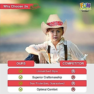 Fun Express Cowboy Hat for Men - Authentic Western Style Cowboy Hats for Men with Red Bandana Accent, Bulk Set of 12 Durable Woven Straw Cow boy hat Versatile Party Hats, Unisex Design
