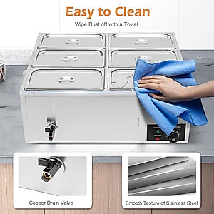 6-Pan Commercial Food Warmer, 850W Commercial Food Warmer Steamer Temperature Adjustable, Electric Stainless Steel Countertop for Parties, Catering, Restaurants