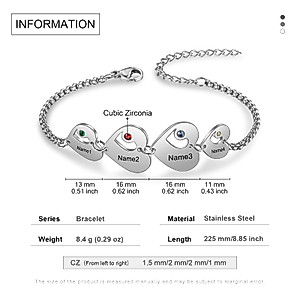 Jewelstruck Personalized Best Friend Bracelet for Women Custom 1-6 Names BFF Bracelets with Simulated Birthstone Friendship Adjustable Love Heart Link Bracelets for Mom (4 birthstones & names)