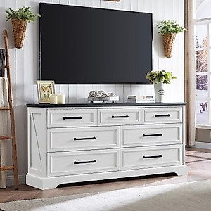 ACCOHOHO 7 Drawer Dresser, Farmhouse Chest of Drawers for Bedroom, 52" Wide Dresser TV Stand with Large Metal Handle, Modern Wood Drawer Organizer for Living Room, Hallway, Closet - Off White