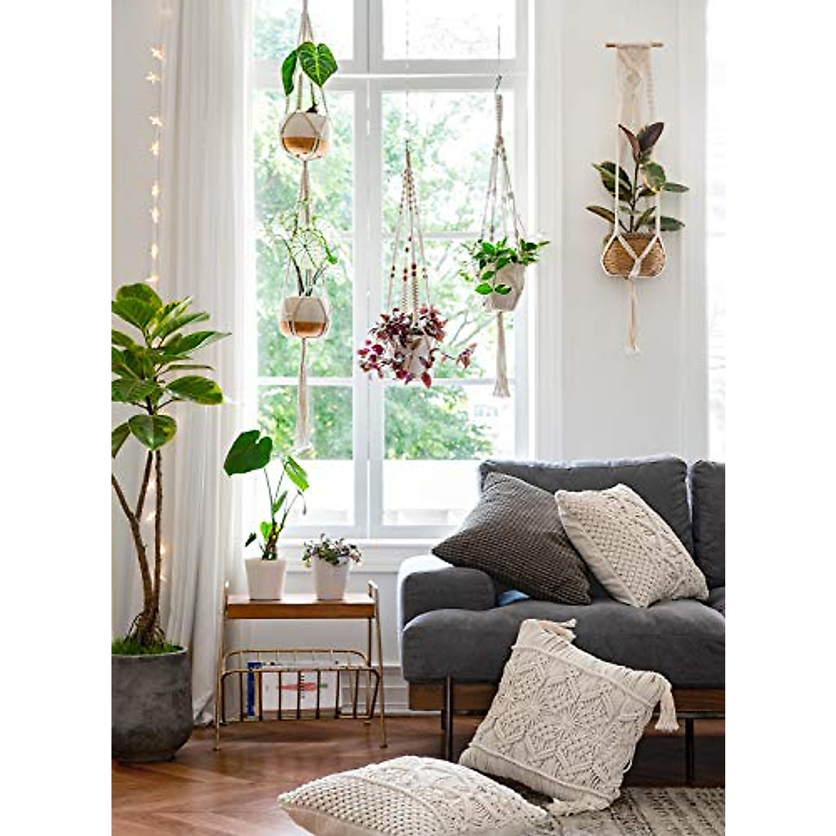 Mkono Macrame Plant Hangers Indoor Outdoor Hanging Planter Basket Cotton Rope 4 Legs 41 Inch, 2 Pack, Ivory