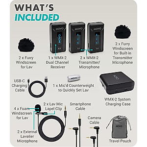 Movo WMX-2-DUO Wireless Lavalier Microphone Lapel Mic with Charging Case - Lav Mic, Wireless Lapel Microphone 2.4GHz Wireless Microphones for Camera, Lapel Mic Wireless for Vlogging, DSLR, Computer