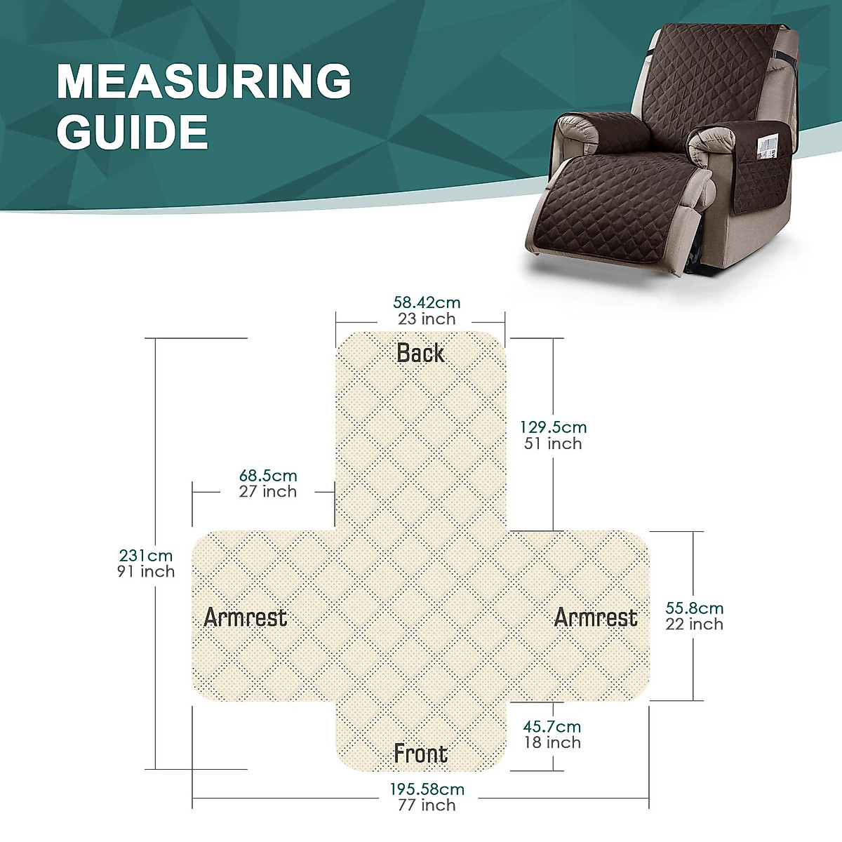 Ruaozz 100% Waterproof Recliner Chair Cover Non-Slip Reclining Cover for Recliner Chair Washable Chair Seat Cover with Elastic Straps for Kids, Dogs, Pets (Chocolate, 23'')