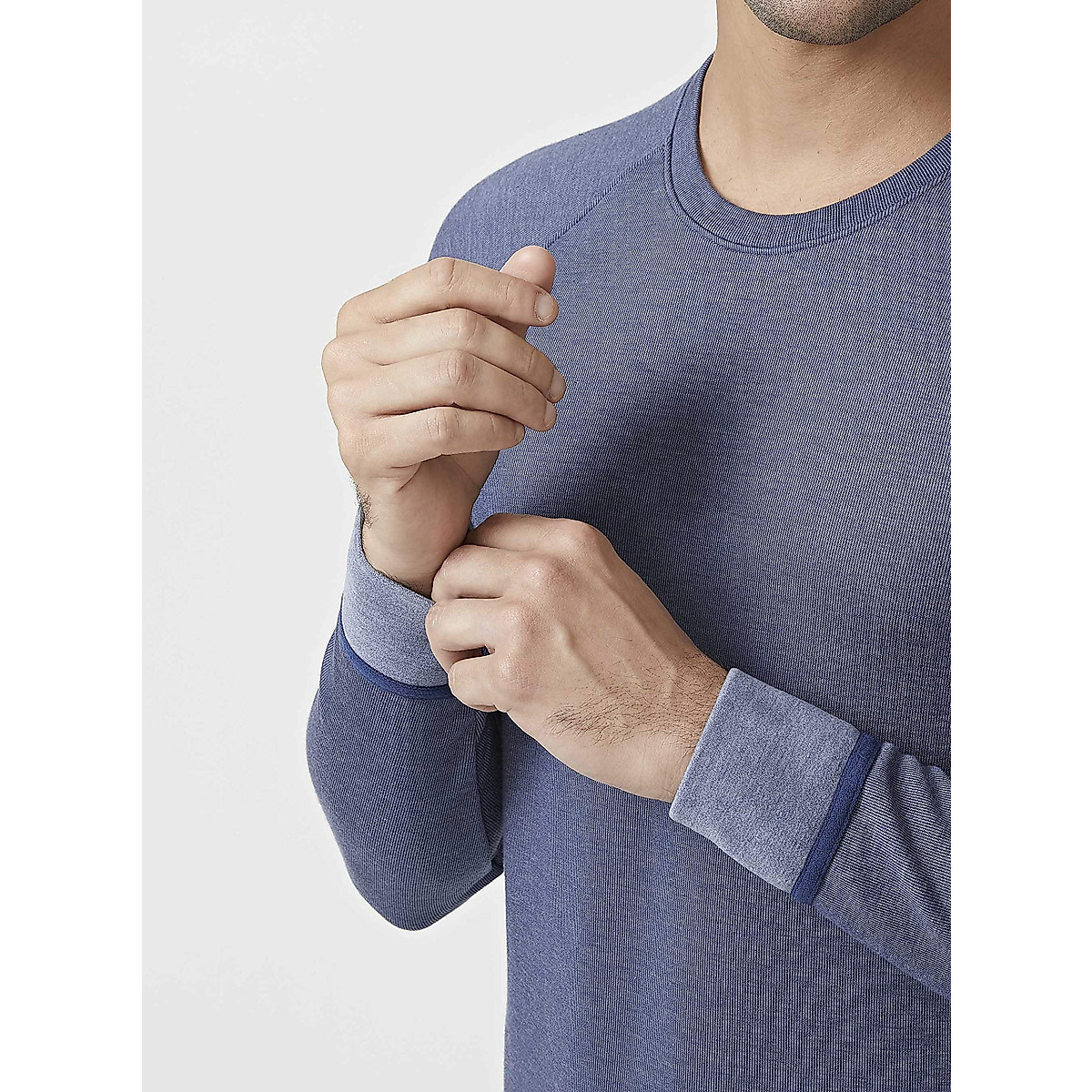 DAVID ARCHY Men's Double Layer Fleece Brushed Thermal Top & Bottom Ultra Winter Warm Stripe Thermals Set Long John with Fly (L, Bice Stripe)