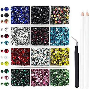 OUTUXED 5400pcs Multicolor Rhinestones 12 Mixed Color Hotfix Rhinestones Flatback Gemstones and Crystals for Crafts, Clothes with Tweezers and 2 Picking Pens