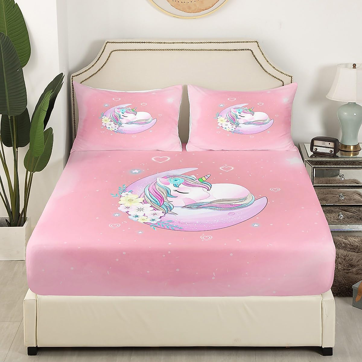 Feelyou Pink Unicorn Bed Sheet Set Twin, Cartoon Unicorn Bedding Set Bed Sheet SetGirls Cute Unicorn Fitted Sheet Fairy Dreamy Horse Bed Cover Microfiber Room Decor Lightweight Bed Set (No Flat Sheet)